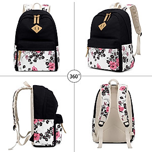 Abshoo Lightweight Canvas Floral Backpacks for Teen Girls School Backpack with Lunch Bag (DG20 Black)