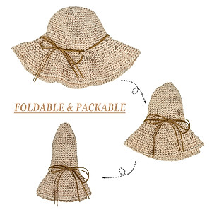 Women Sun Hat Wide Brim Floppy Beach Hat Crochet Straw Hat Breathable UV UPF 50+ Summer Hat Foldable Packable Travel Outdoor Cap Pink