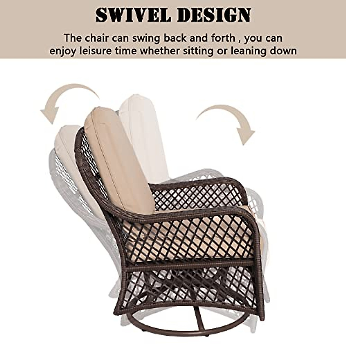 LEISU 3-Pieces Patio Swivel Wicker Bistro Furniture Set with Cushioned Patio Swivel Rocker Swivel Rocking Chairs Set Side Table Outdoor Rattan Conversation Sets (Beige)