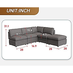 FDW L Shaped Couch Convertible 4-Seat Sofa with Ottoman for Living Room Bedroom Office, Dark Gray