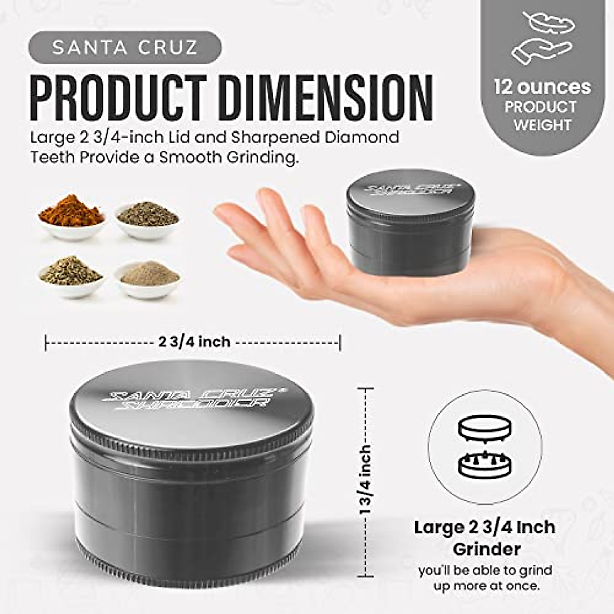 Santa Cruz Shredder Metal Herb Grinder Knurled Top for Stronger Grip 3-Piece Large 2.7" (Grey)