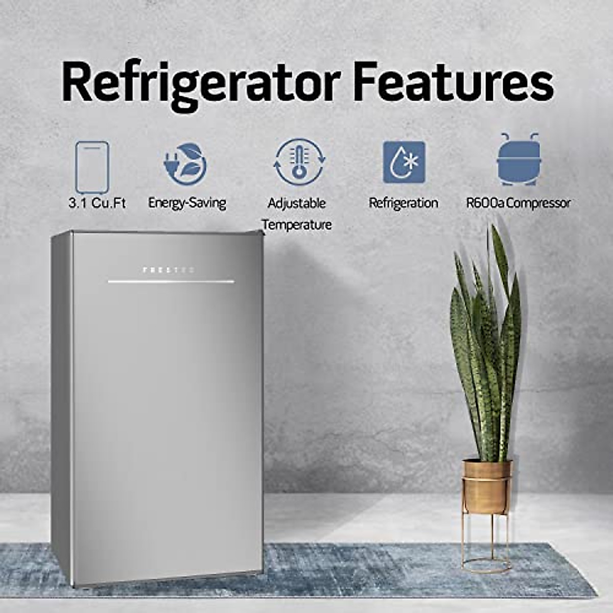 Frestec 3.1 Cu.Ft Mini Fridge for Bedroom, Mini Refrigerator with freezer, Dorm Fridge with Freezer, Reversible Door Perfect for Room and Office, Adjustable Temperature(no Handle, Stainless Steel)