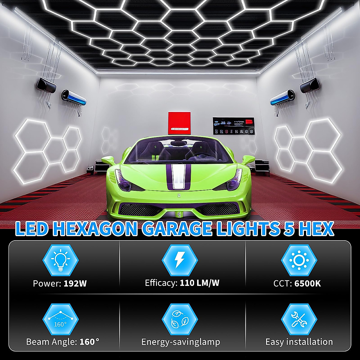 Ludapp Hexagon Garage Lights Ceiling led, 5 HEX Grid Systems Honeycomb Lights, 6500K Cooler Light for hex Lights, Aluminum Hexagonal Shop Lights for Garage, Shop, Gym