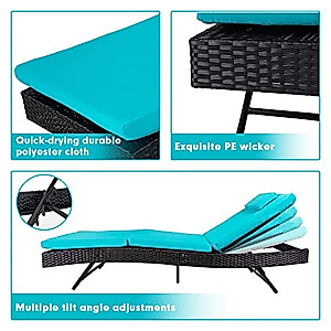 Oakmont Outdoor Chaise Lounge Patio Lounge Chair Wicker Adjustable Back Reclining Chair with Blue Cushion for Poolside, Garden, Backyard