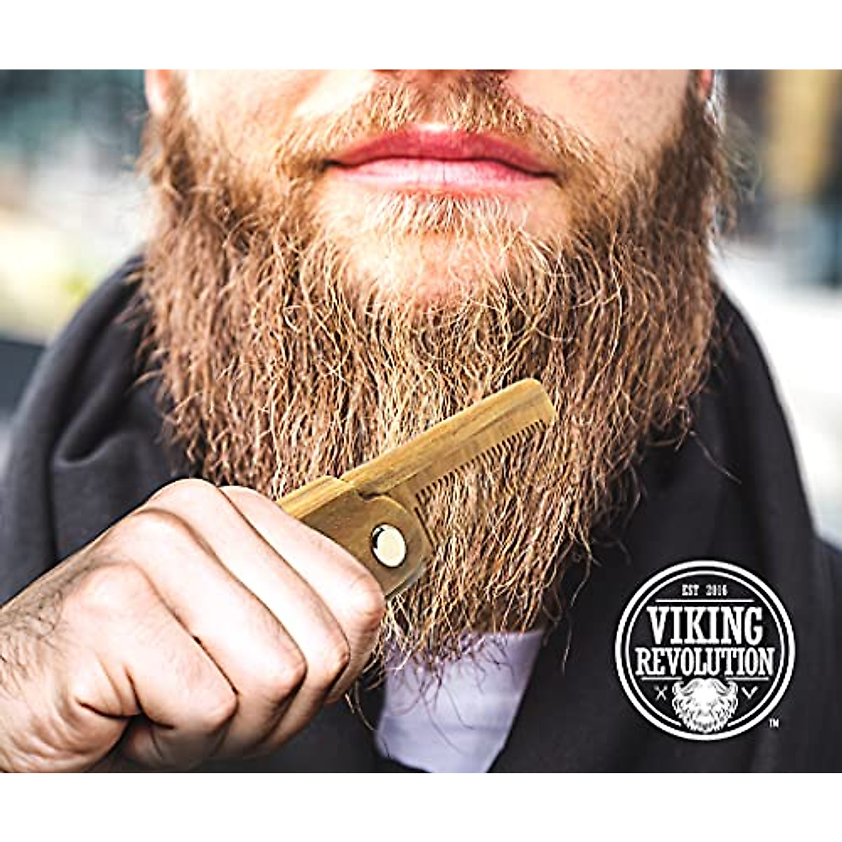 Folding Beard Comb w/Carrying Pouch for Men - All Natural Wooden Beard Comb w/Gift Box - Green Sandalwood Comb for Grooming & Combing Hair, Beards and Mustaches by Viking Revolution