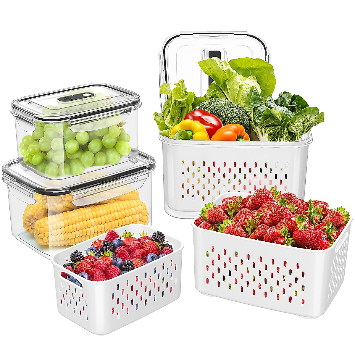 Loyala 3 PCS Fruit Containers for Fridge Food Storage Containers with Removable Colander Lids Airtight Fruit Storage Containers for Fridge Fruits Vegetables Strawberry Salad Meat（3pcs with handles）