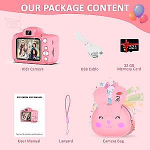 ACHSON’s Selfie Kids Camera, Christmas Birthday Gifts for Girls Age 3-9, HD Digital Video Cameras for Toddler, Portable Toy for 3 4 5 6 7 8 9 Year Old Girl with 32GB SD Card & Bunny Bag -Pink