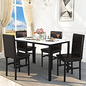 Recaceik Dining Table Set for 4, Kitchen Table and Chairs Set with Faux Marble Tabletop & 4 Leather Upholstered Chairs for Kitchen Dining Room, Compact Space, Dinette Set, White+Brown
