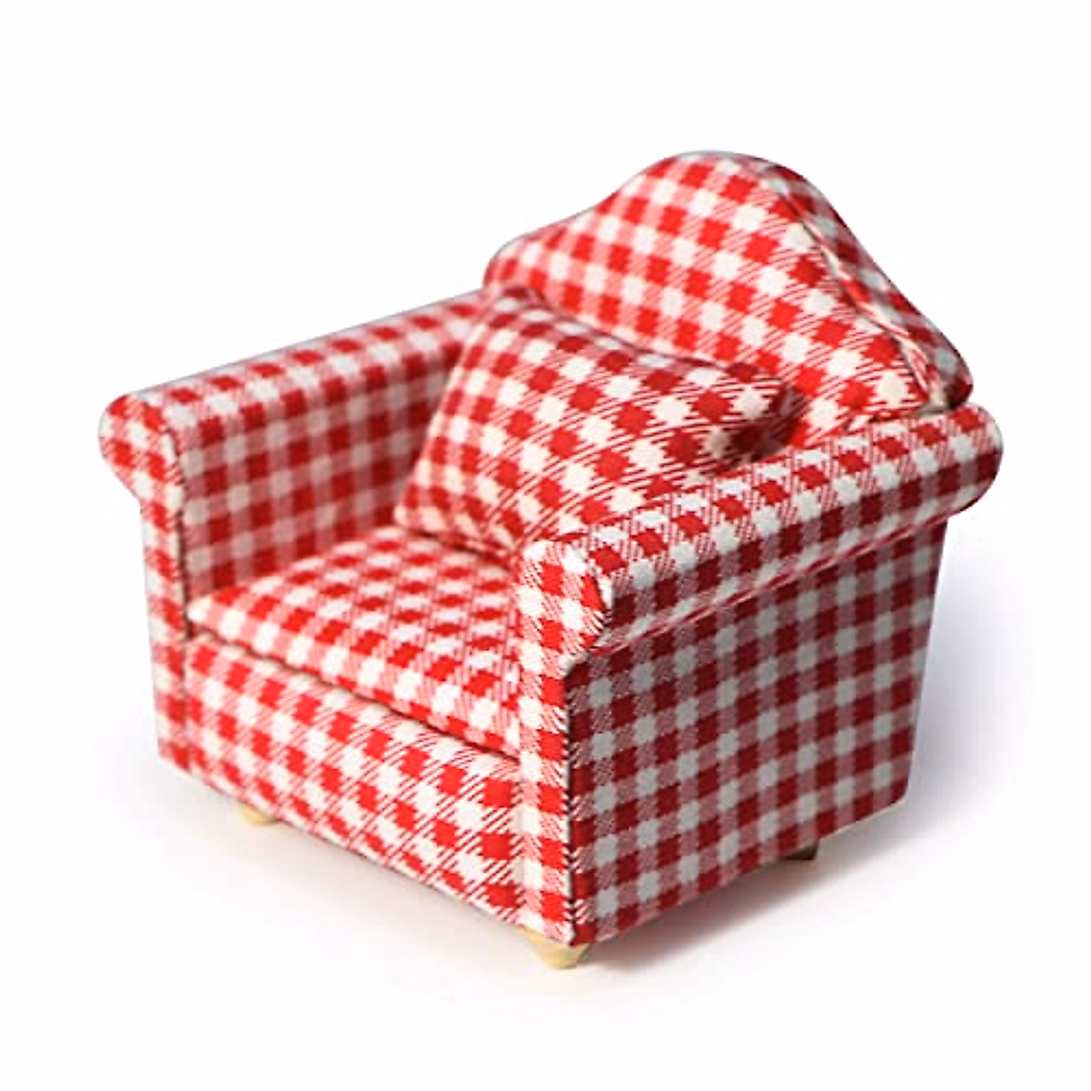 Dollhouse Couch with Pillow 1 12 Scale Miniature Sofa Arm Chair Living Room Furniture Wooden Fabric Frame Single Reading Chair Artificial House Room Scene Decoration (Plaid)