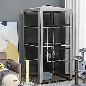 PawHut 79" H Cat House Kitten Enclosure Mesh Playpen Steel Frame with 3 Platforms, 2 Doors and 4 Sandbags for Stability, Indoor/Outdoor