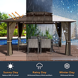 HAPPATIO Hardtop Gazebo, 10'x 12' Polycarbonate Double Roof Aluminum Furniture Gazebo, Outdoor Canopy with Netting and Curtains for Backyard, Patio, Parties, Lawns (Brown)