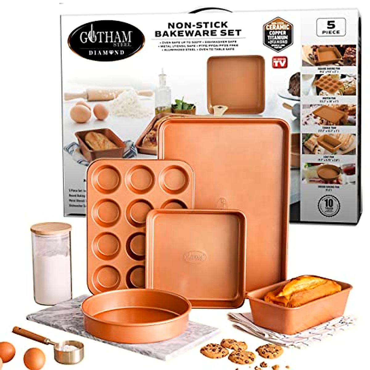 Gotham Steel Non Stick Ceramic Bakeware Set, 5 Piece No Warp & Dishwasher Safe Baking Set, Baking Pans Set with Round & Square Baking Pan, Muffin Pan, Loaf Pan & Baking Sheet for oven, 100% PFOA Free