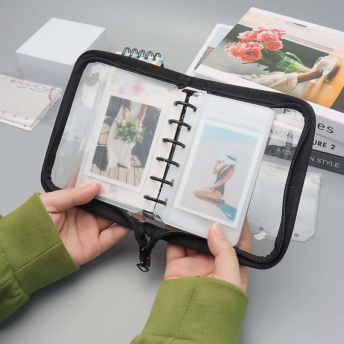 Clear A7 Binder Wallet Zipper Balck 6 Ring Glitter Budget Binders Loose Leaf Zip Up Binding Cover for Cash Envelopes System Photocard Album Journaling Planner (Black 4.5“x6)