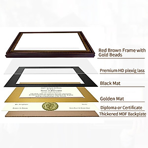 ASmileIndeep Diploma Frame 8.5 x 11 Degree Frame with Black Over Gold Mat,11x14 Diploma Frame for Document Degree with HD Plexiglass,Red Brown Finish with Gold Beads for Wall and Tabletop Display