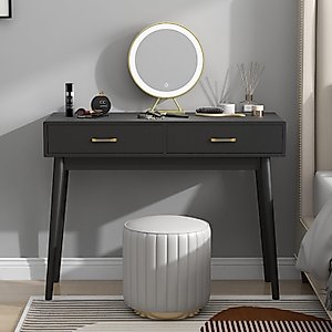 FUNKOCO Black Small Writing Desk with Drawers, 40 Inch Writing Desk for Home Office, Vanity Desk with Solid Wood Leg for Small Spaces