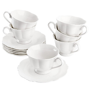 Jucoan Set of 6 Porcelain Tea Cups and Saucers, Bone China Tea Cup Set, 6 oz White Porcelain Tea Set, Coffee Cups, Espresso Cups for Latte Tea, British Tea Cups Gifts for Wedding Birthday