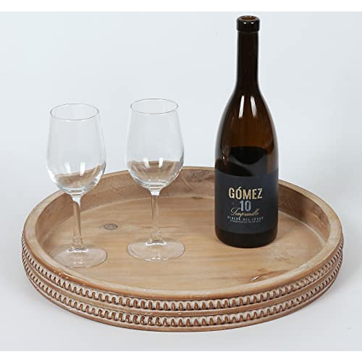 Carah & Cossh Round Wooden Serving Tray, Whitewashed Round Decorative Wood Tray , Round Farmhouse Rustic Decorative Tray, Perfect for Storage and Display (Brown)