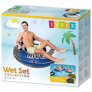 INTEX 58825EP River Run 1 Inflatable Floating Lounge: Comfortable Backrest – Built-in Cup Holders – Durable Grab Handles – All Around Grab Rope – 220lb Weight Capacity– Blue