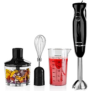 OVENTE Immersion Electric Hand Blender 300 Watt Power 2 Mix Speed with Stainless Steel Blades, Handheld Stick Mixer Set with Egg Whisk Attachment Mixing Beaker and BPA-Free Food Chopper, Black HS565B