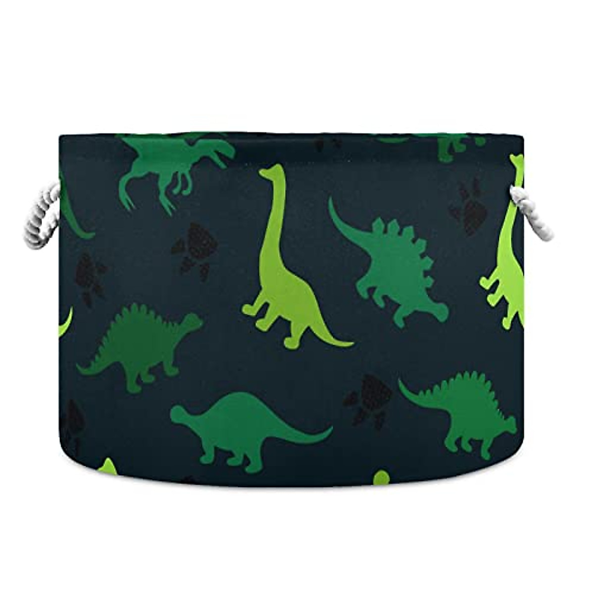 Kigai Green Camo Dinosaur Storage Basket, Collapsible Round Toy Storage Bin, Decorative Laundry Hamper with Handles, Large Organizer Bins