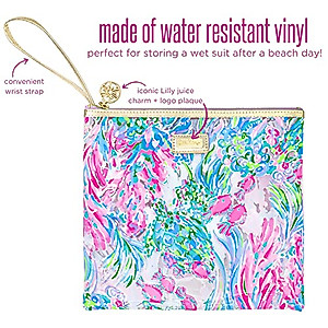 Lilly Pulitzer Water Resistant Vinyl Beach Day Pouch - Includes Drink Hugger, Zip Pouch, and Towel Clips, Best Fishes