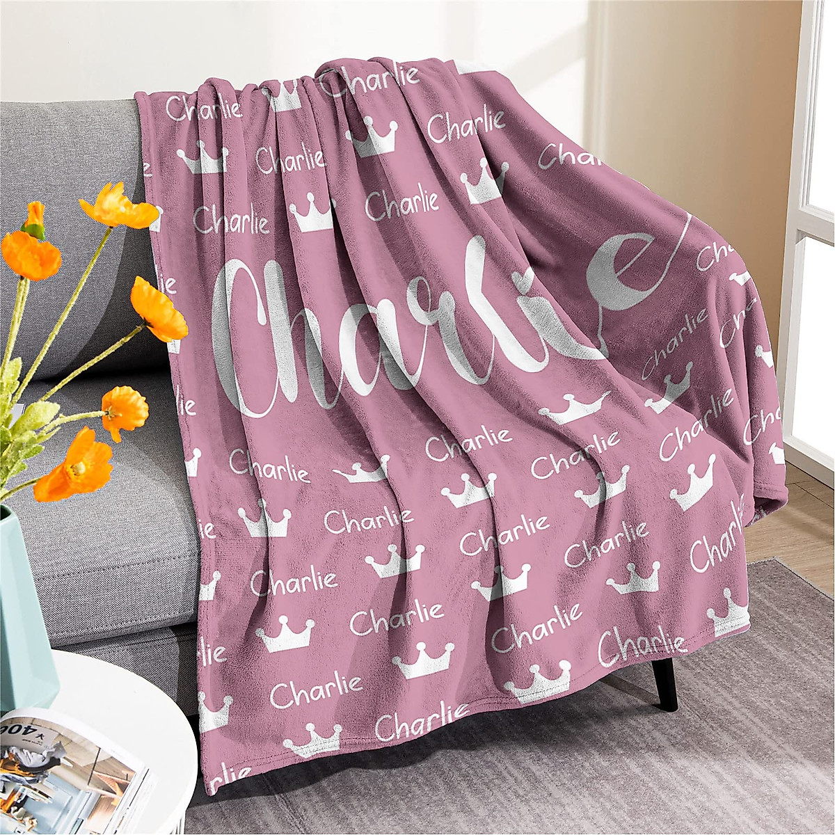Personalized Baby Blankets with Name Custom Blankets for Girls Boys Soft Throw Name Blanket for Kids Newborn Toddler Personalized Unique Flannel Blanket Gifts, Crown, Pink, 32x48inch