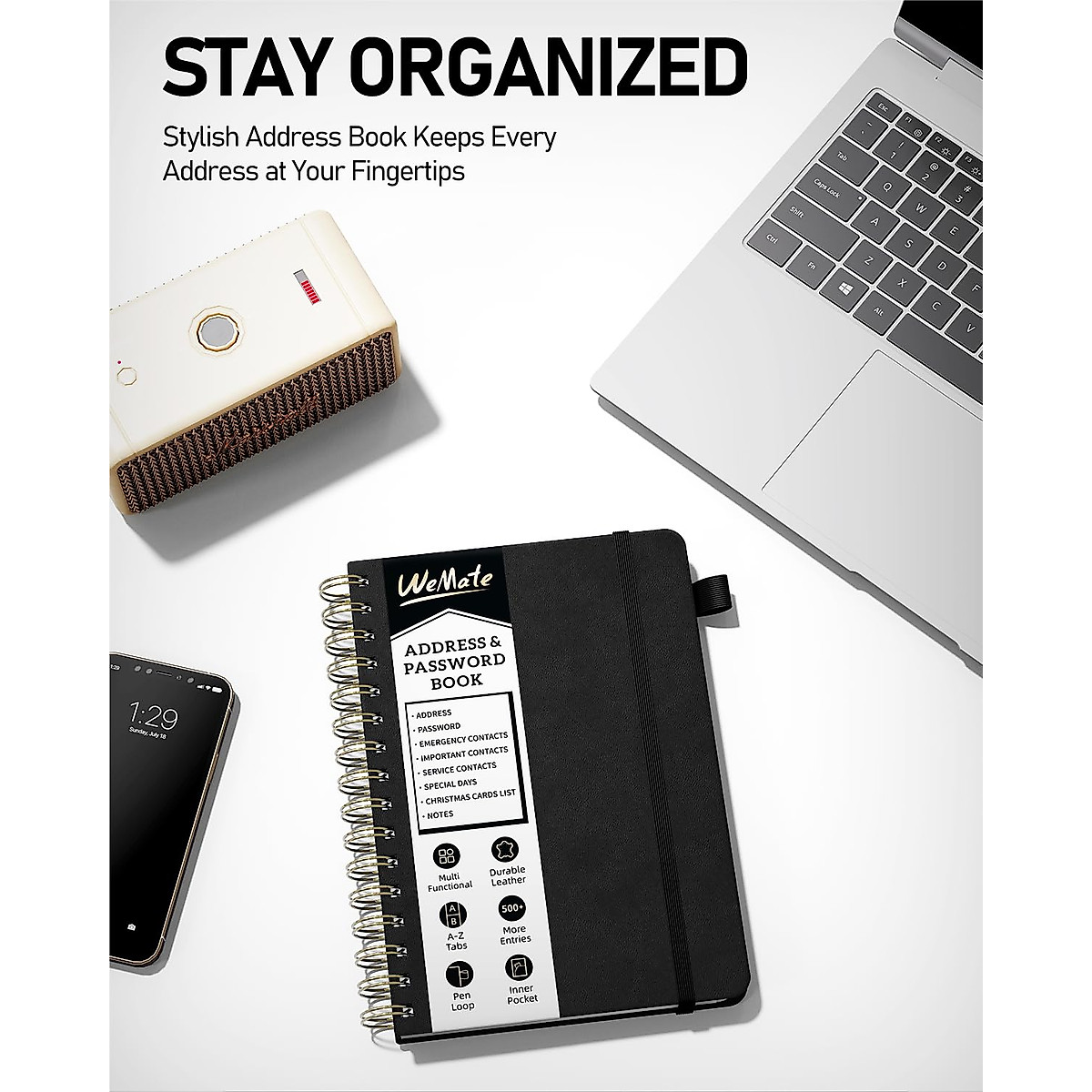 WEMATE Spiral Address Book with Alphabetical Tabs, Leather Password Book, Address Organizer Telephone Notebook Journal Keep Contact Safe Hardcover Large Print for Seniors Home Office 5.8″×8.2″, Black