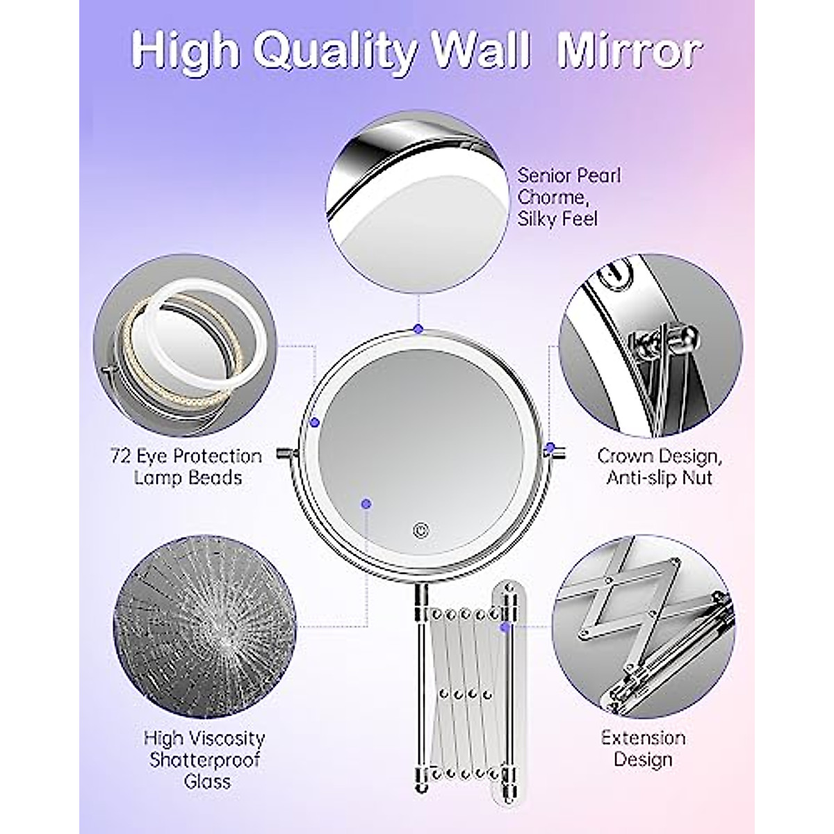 Rechargeable Wall Mounted Lighted Makeup Mirror, 1X/10X Magnifying Mirror with 3 Light Settings, 8 Inch 360° Swivel Extendable Bathroom Mirror, Double Sided Telescoping Mesh Vanity Mirror - Chrome