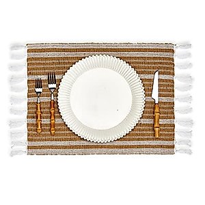 Two's Company Au Natural Set of 4 Woven Placemats w/Tassel Fringe - Jute/Cotton