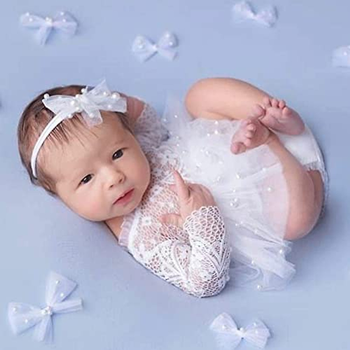 M&G House Newborn Photography Props White Lace Outfits Newborn Photography Outfits Girl Lace Rompers Baby Photo Prop Skirts Baby Photoshoot Props (Long Sleeve, White, 0-2 Months)