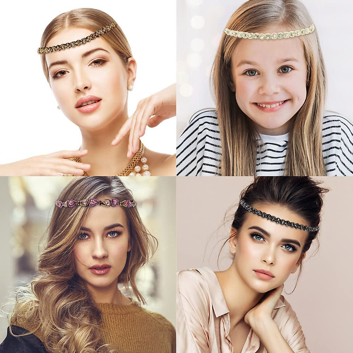 7 Pcs Rhinestone Beaded Headbands, Fashionable Crystal Beaded Elastic hairbands for Women Girls Hair Jewelry Accessories