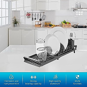 Joemdehazam Dish Drying Rack,Expandable Dish Rack,Compact Dish Rack Durable, Stainless Steel Dish Drying Rack with Removable Cutlery Holder, Small Sink Drainer for Sink or Kitchen Countertop (Grey)