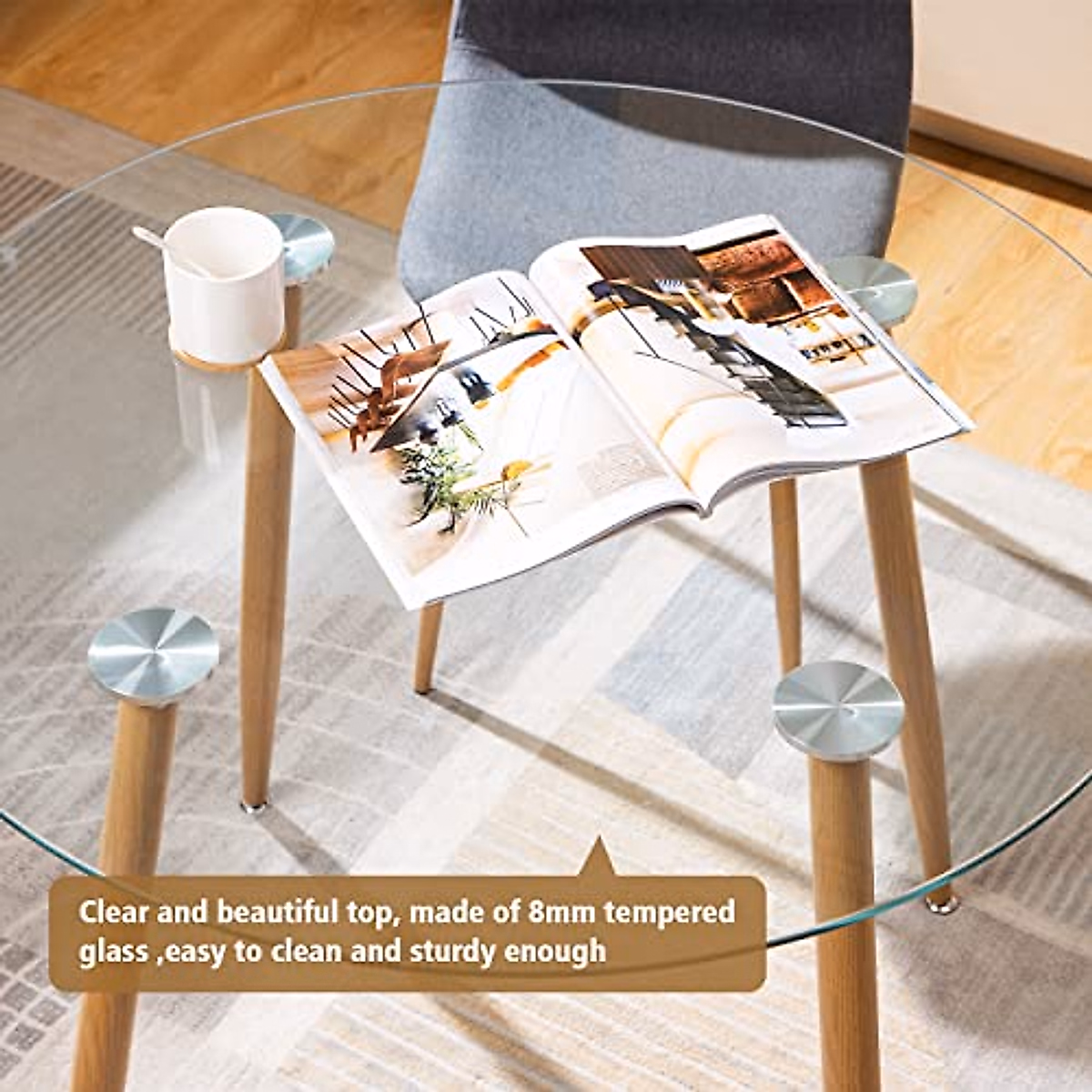 STYLIFING Round Glass Dining Table - Tempered Glass Kitchen Table Dining Room Table - Modern Small Round Dining Table for 4 with Wood Printed Transfer Metal Leg Coffee Dinner Table for Living Room