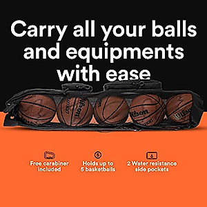 Fitdom Heavy Duty XL Basketball Mesh Equipment Ball Bag w/ Shoulder Strap Design for Coach with 2 Front Pockets for Coaching & Sport Accessories. This Team Tube Carrier Can Store Up to 5 Basketballs (Black)