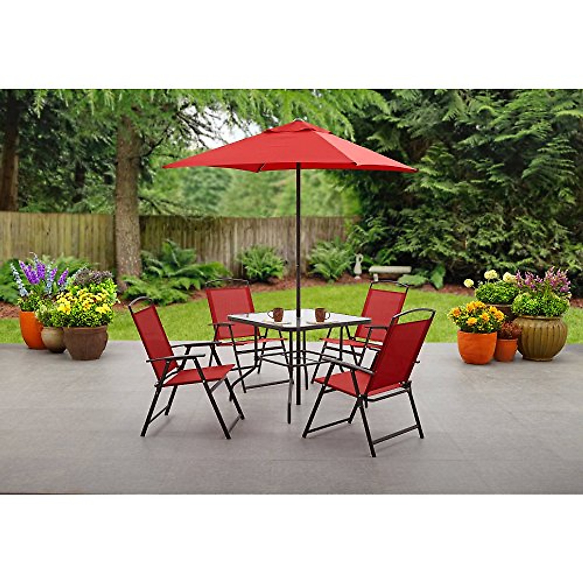 Mainstays Albany Lane 6-Piece Folding Dining Set (Includes Dining table, Folding chairs and Umbrella), Red