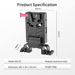 Nitze V Mount Battery Plate, V Mount Plate with 15mm Rod Clamp, 8V/3A DC, 14.8V/3A D-tap and PD 3.0 USB-C Output Ports - N21-D7