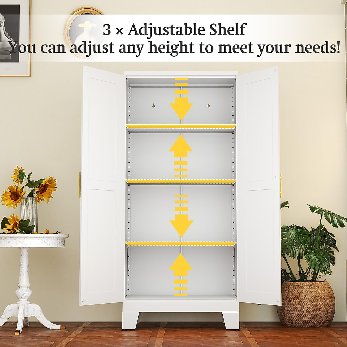 RISTERN White Metal Storage Cabinet, 61" Steel File Cabinet for Home Office, Kitchen Pantry Storage Cabinet with Doors and 3 Adjustable Shelves, Tool Cabinet, for Office, Home, Garage, School
