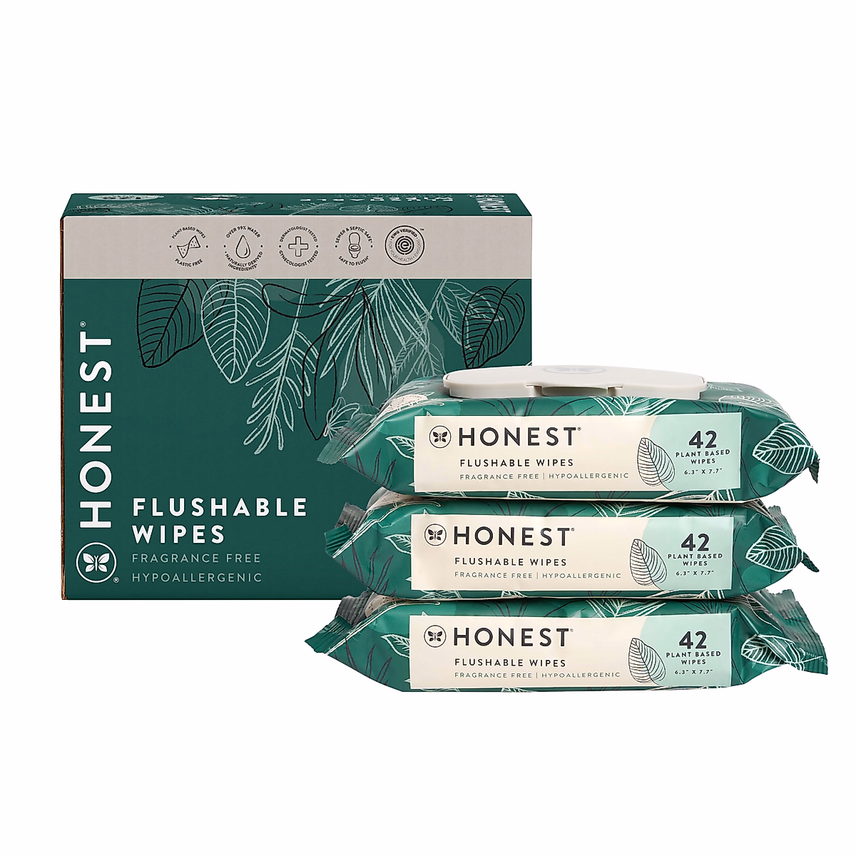 The Honest Company Flushable Wipes for Sensitive Skin | Fragrance Free, Hypoallergenic, 99% Water, Safe to Flush | Tropical Leaves, 126 Count