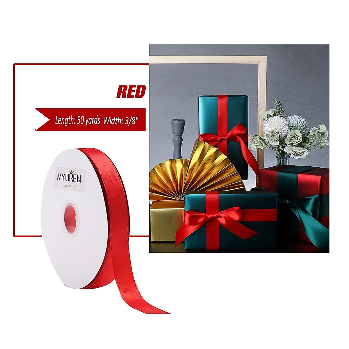 3/8 Inch Solid Satin Ribbon Red Double Face Satin Ribbon for Crafts, Gift Wrapping，Party Favor， Baby Shower，Invitation Embellishments，DIY Hair Accessories (50 Yards)