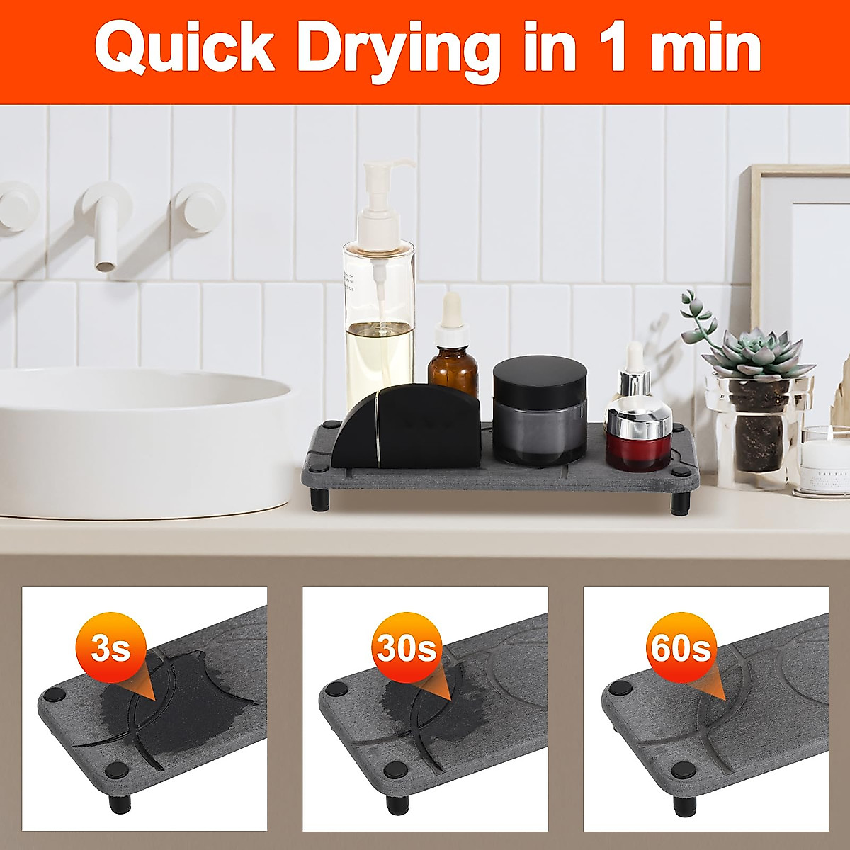 uxcell 2pcs Instant Dry Sink Organizer, Fast Drying Stone Sink Tray, Water Absorbing Stone Tray with Stainless Steel Feet for Bathroom Organization Grey