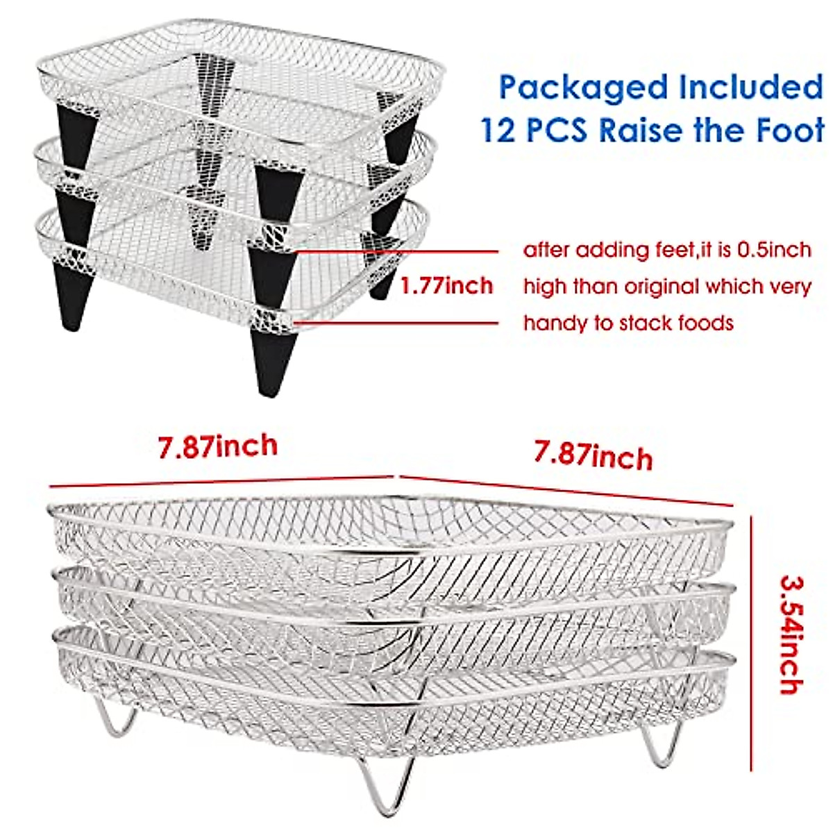 Air Fryer Racks 3 Pcs, 8 Inch Square 3 Layer Stackable Dehydrator Racks,Stainless Steel Air Fryer Basket Tray for Instant Vortex Fryer, Ninja, Gowise, Phillips Air Fryers,Ovens, Air Fryer Accessories