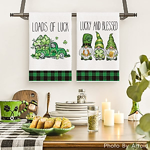 Artoid Mode Buffalo Plaid Lucky Clover Shamrock Truck Gnomes Kitchen Dish Towels, 18 x 26 Inch Seasonal St. Patrick's Day Ultra Absorbent Drying Cloth Tea Towels for Cooking Baking Set of 2
