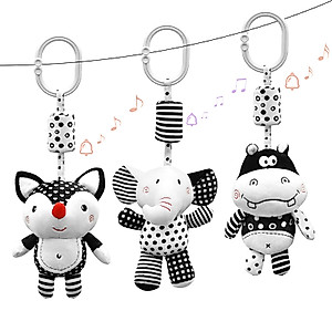 XIXILAND Hanging Rattles Toys White & Black Stroller Toy, Newborn Toys Infant Toys Crib Toys, Soft Plush for Stroller Car Seat Crib with Wind Chimes, Best Baby Gift for 0,3,6,9,12,18 Months
