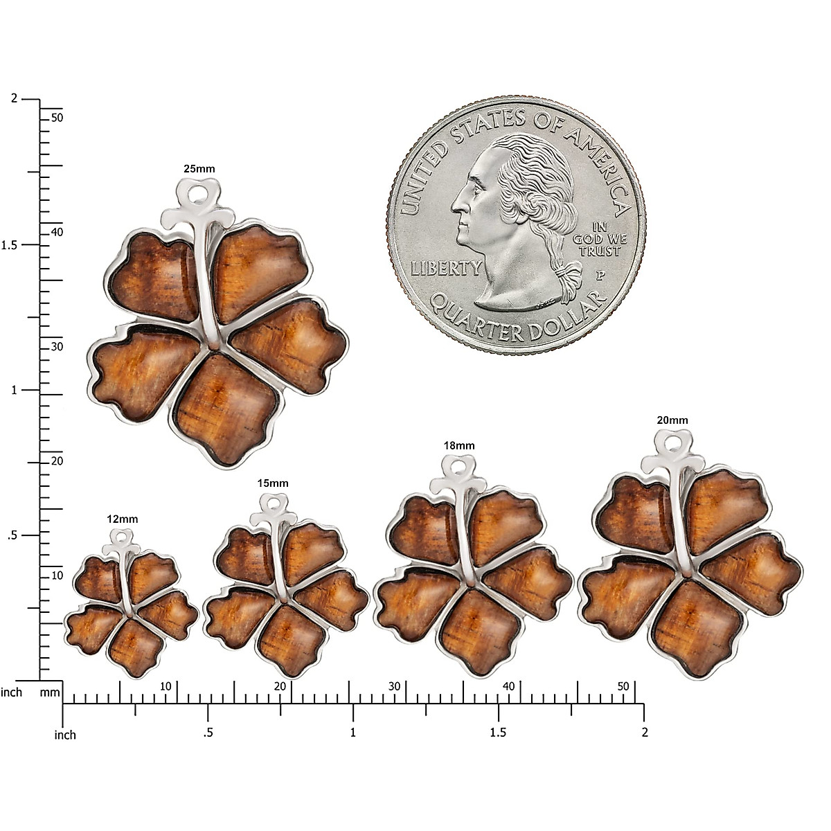 925 Sterling Silver Natural Koa Wood Inlay Hibiscus Flower Necklace Pendant, Hawaiian Tropical Design Jewelry, Hypoallergenic for Sensitive Skin, with 18" Box Chain (25mm)