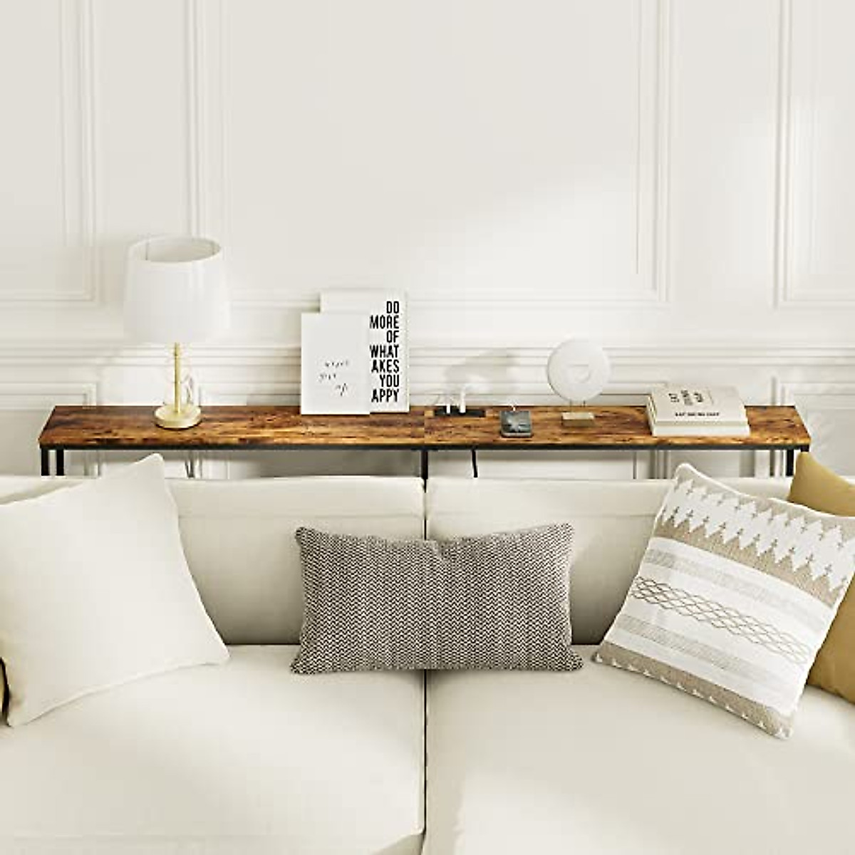 Masupu 70.9 Inch Console Table with Power Outlet,Modern Narrow Long Sofa Table Behind Couch,Skinny Entry Table with Gold Metal Frame for Entryway,Living Room, Hallway,Rustic Brown