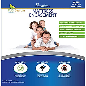 Four Seasons Essentials Queen Mattress Protector - Zippered Bedbug Waterproof Mattress Cover, Premium Quality Hypoallergenic Bed Encasement