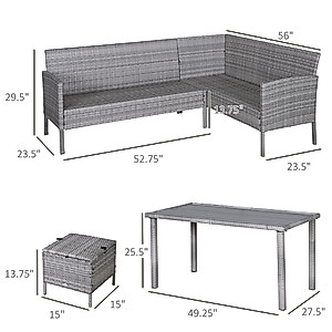 Outsunny 5 Piece Patio Furniture Set, Outdoor Dining Table Set with L-Shaped Sectional Sofa, 2 Ottomans, Outside Conversation Set with Cushions, Throw Pillows, Beige