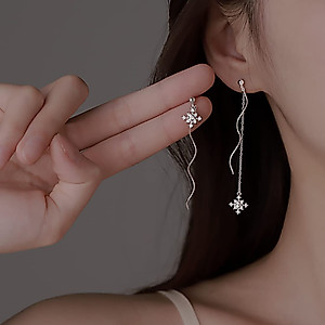 SLUYNZ 925 Sterling Silver Snowflake Dangle Earrings Chain for Women Snowflake Earrings Drop Earrings (A-Silver)