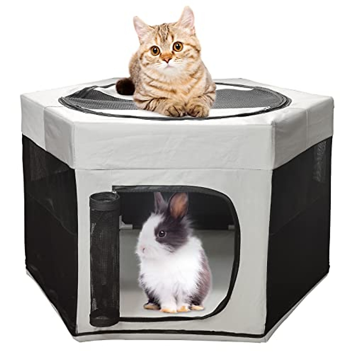 Fhiny Portable Rabbit Playpen, Breathable Small Animal Tent with Anti Escape Zippered Cover Portable Foldable Indoor Outdoor Exercise Fence for Bunny Ferrets Guinea Pigs Chinchillas Kittens (Grey)