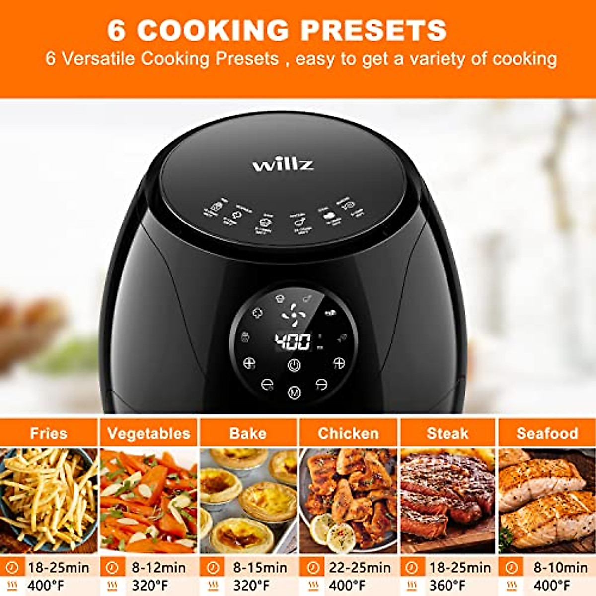 Willz Digital Air Fryer with 6 Pre-Set Cooking Programs & Precise Temperature Control, Non-Stick Basket and Dishwasher-Safe, 60 Minutes Timer, 3.5 Qt, Black